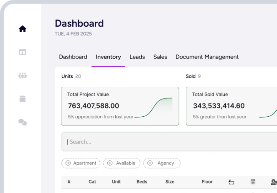 Develex platform dashboard preview showcasing real estate management features